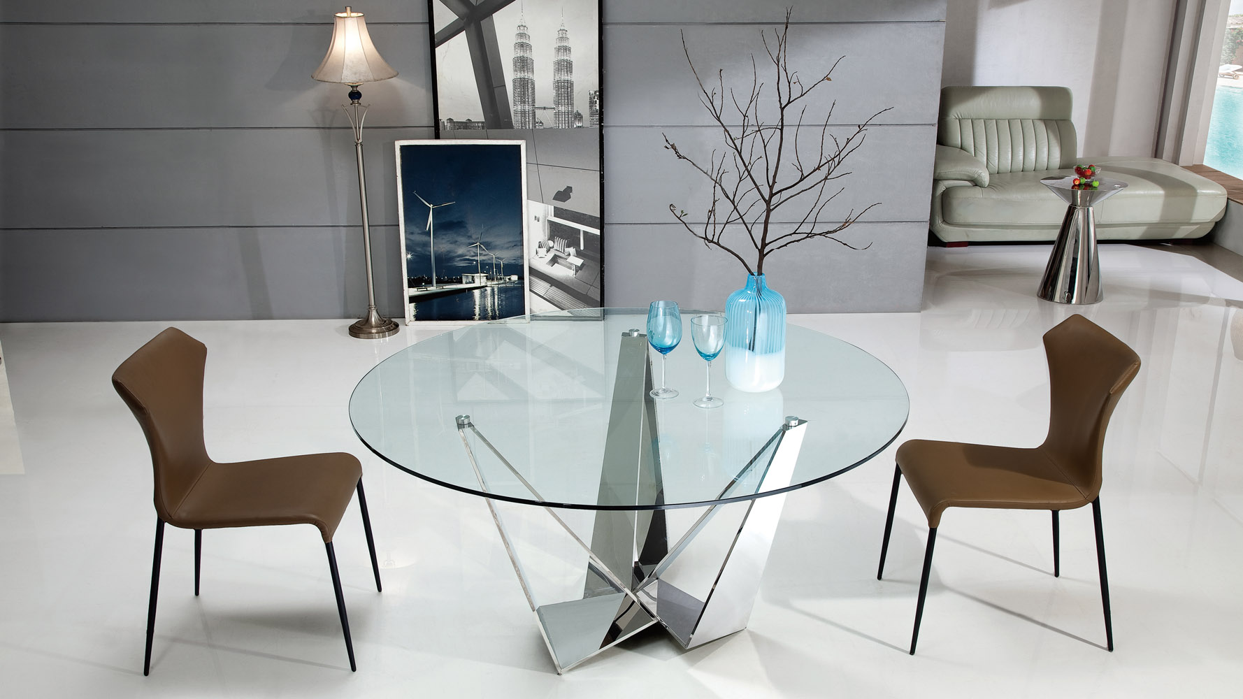 Serra 59 Inch Round Dining Table in Clear Glass with Polished Stainless ...
