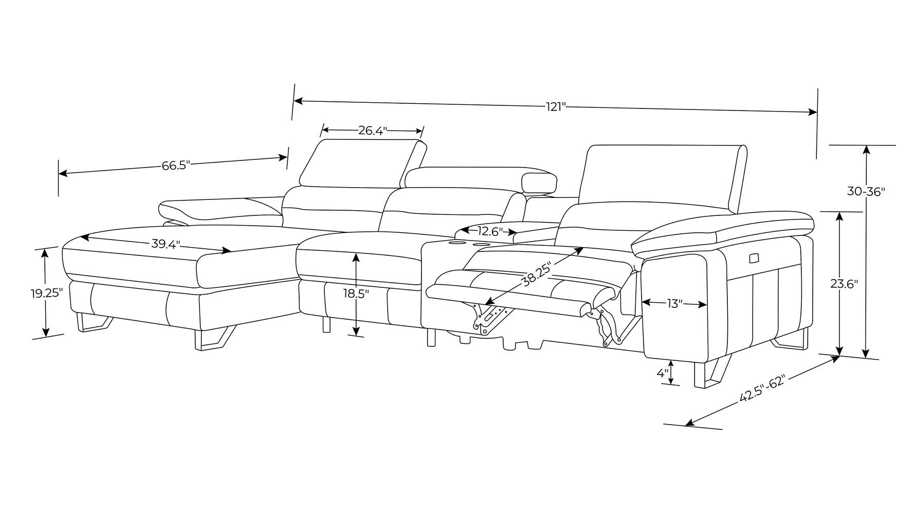 Monaco Reclining Leather Sectional with Chaise and Console -Black ...