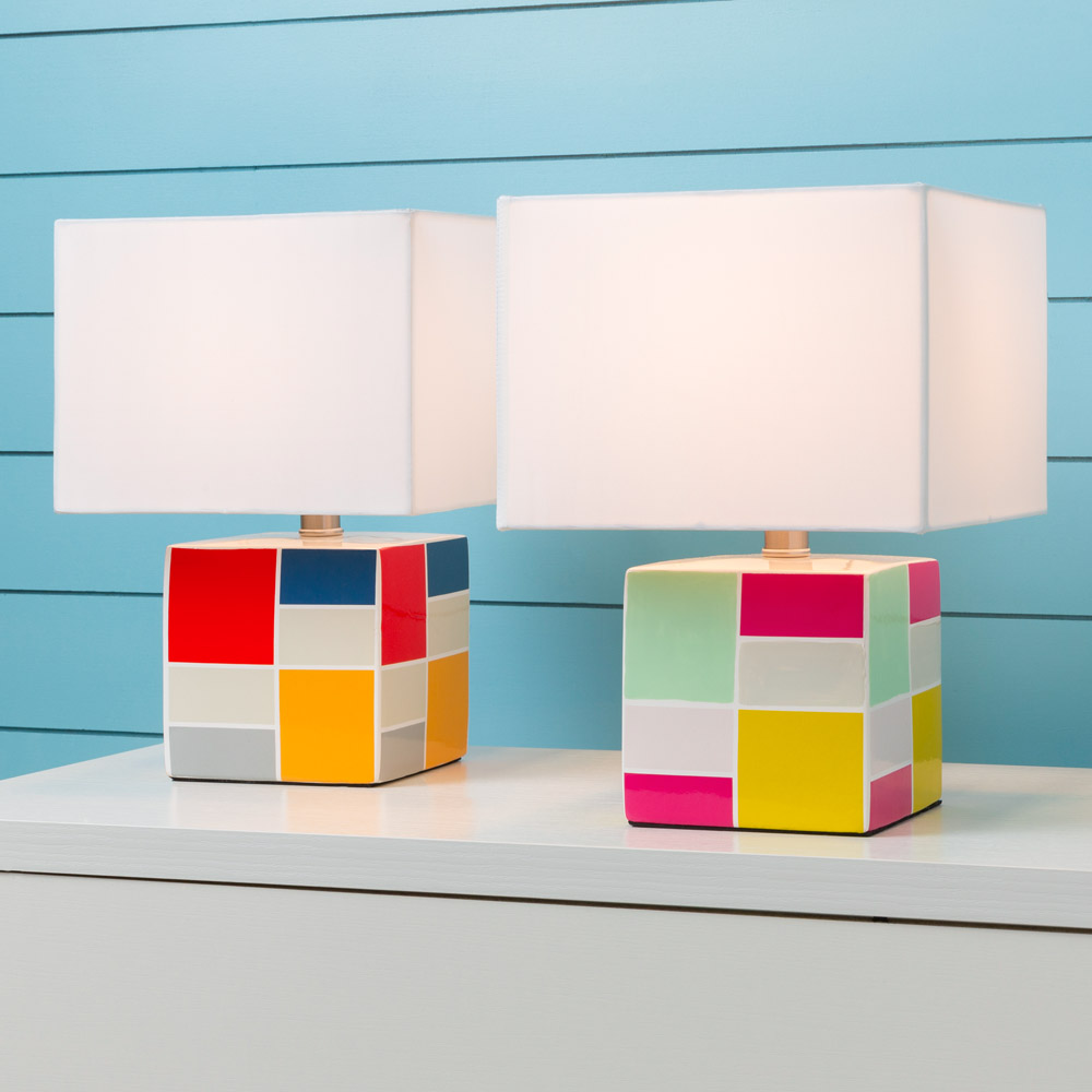 Amal Square Ceramic Base and Faux Silk Table Lamp | Zuri Furniture
