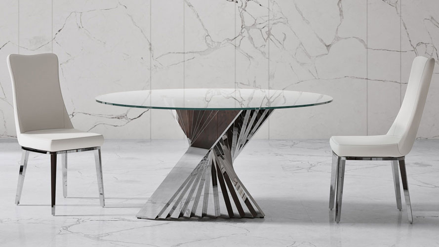 Falcone 59 Inch Round Dining Table in Clear Glass with Polished ...