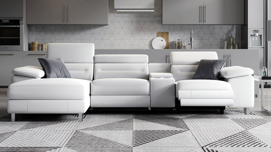 Monaco Reclining Leather L-Sectional with Console - White | Zuri Furniture